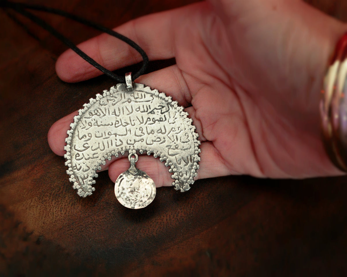 Berber Silver Crescent Moon Talisman Pendant with Arabic Writing and C ...