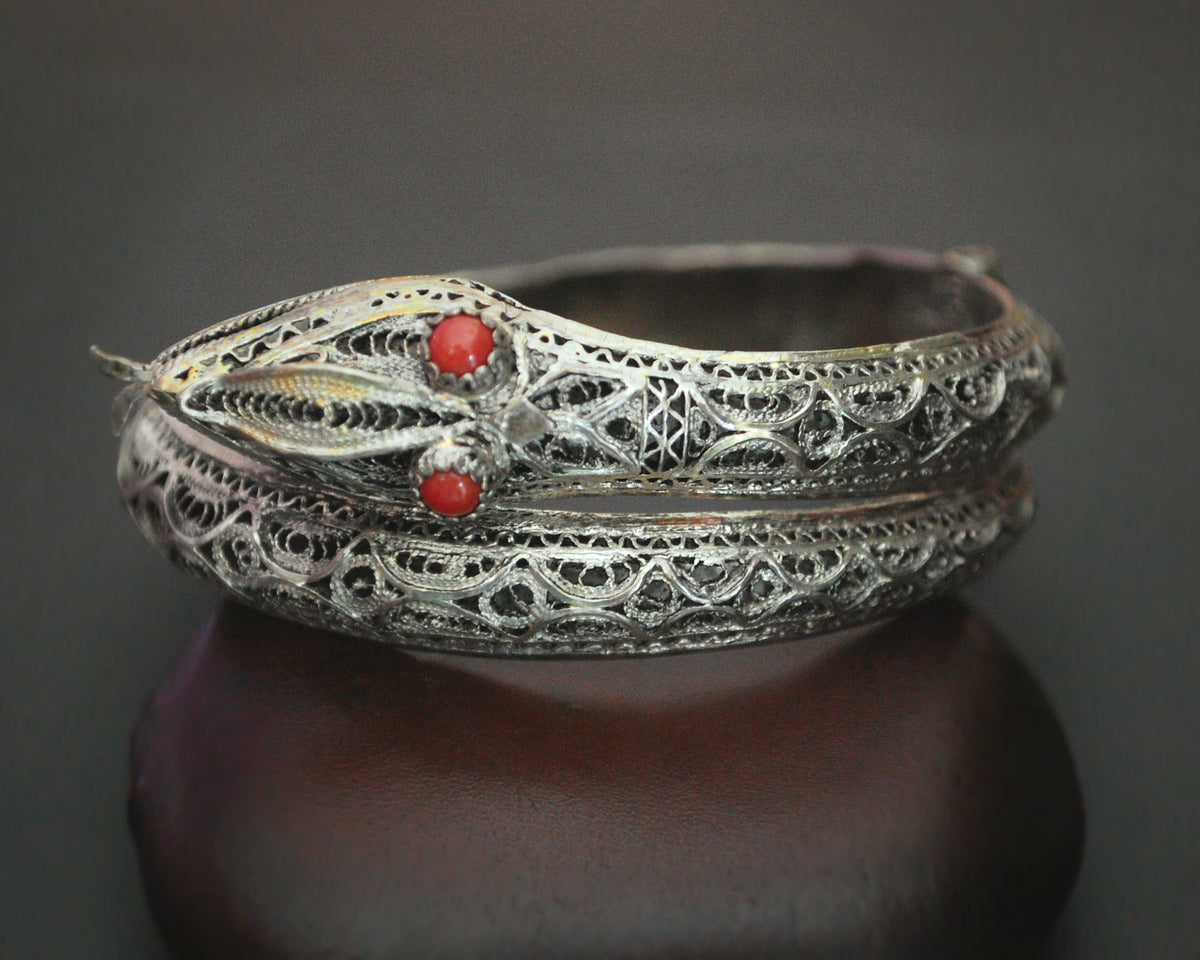 Antique Ottoman Filigree Snake Bracelet with Coral Eyes – Cosmic Norbu