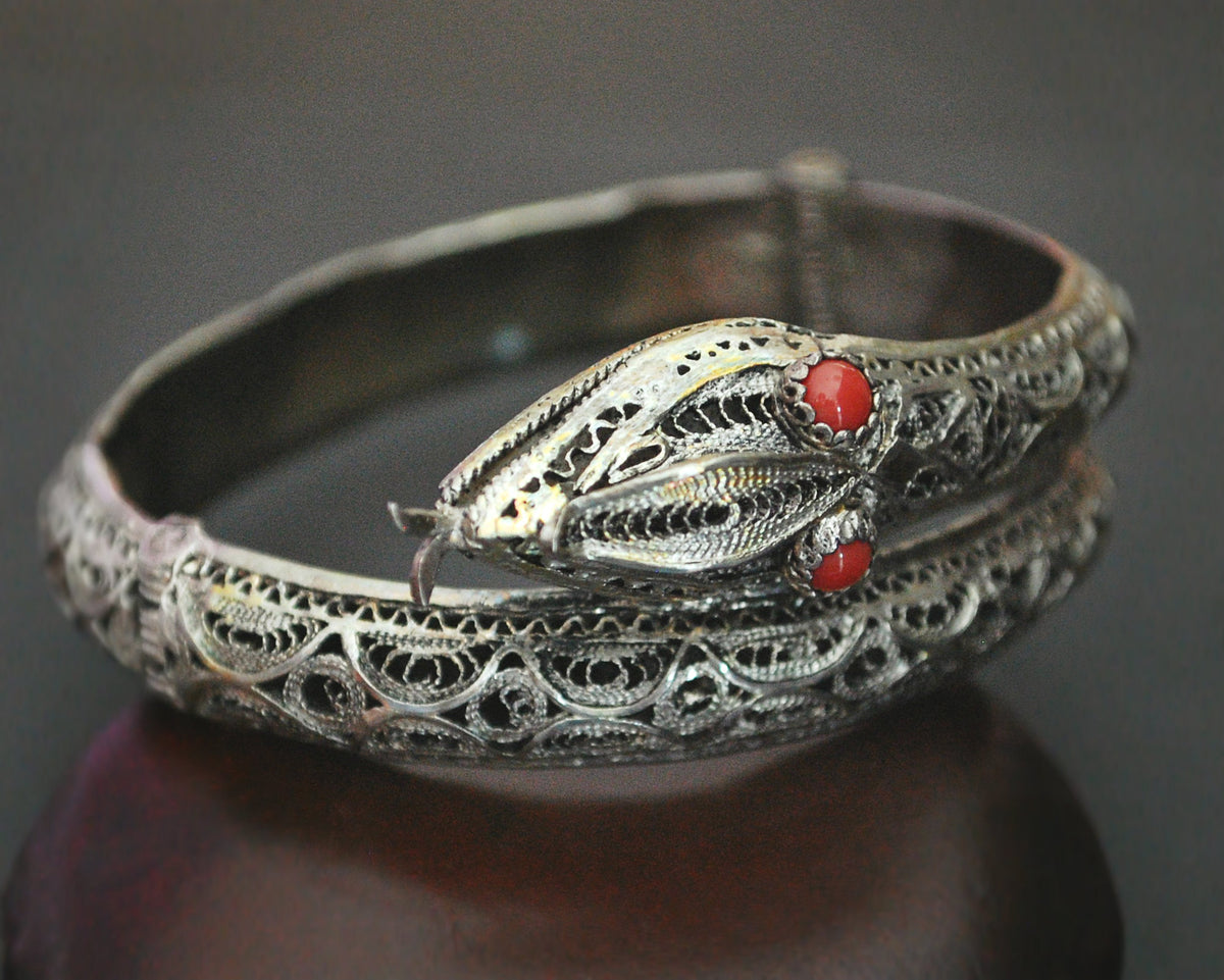 Antique Ottoman Filigree Snake Bracelet with Coral Eyes – Cosmic Norbu